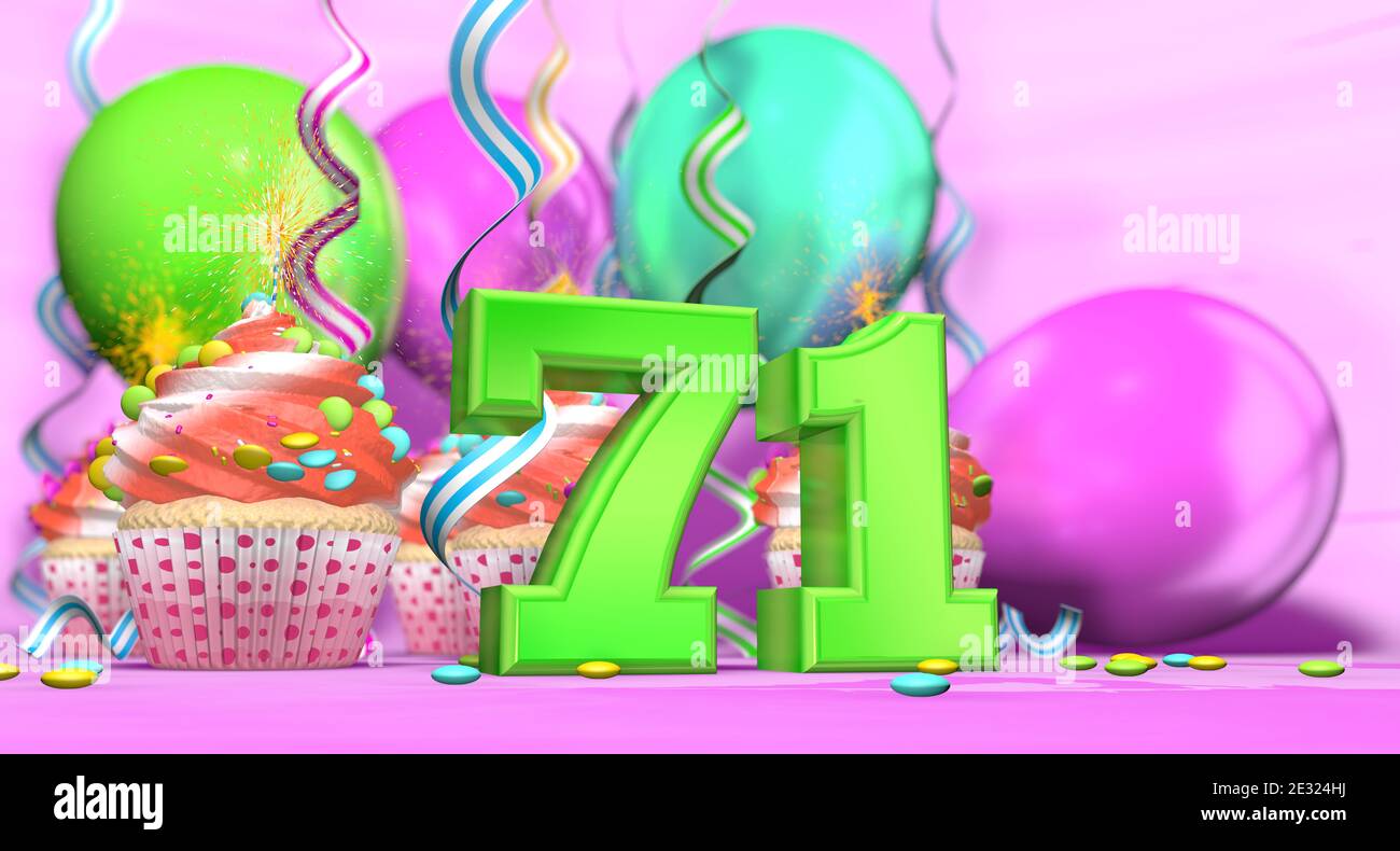 Birthday cupcake with sparking candle with the number 71 large in green ...