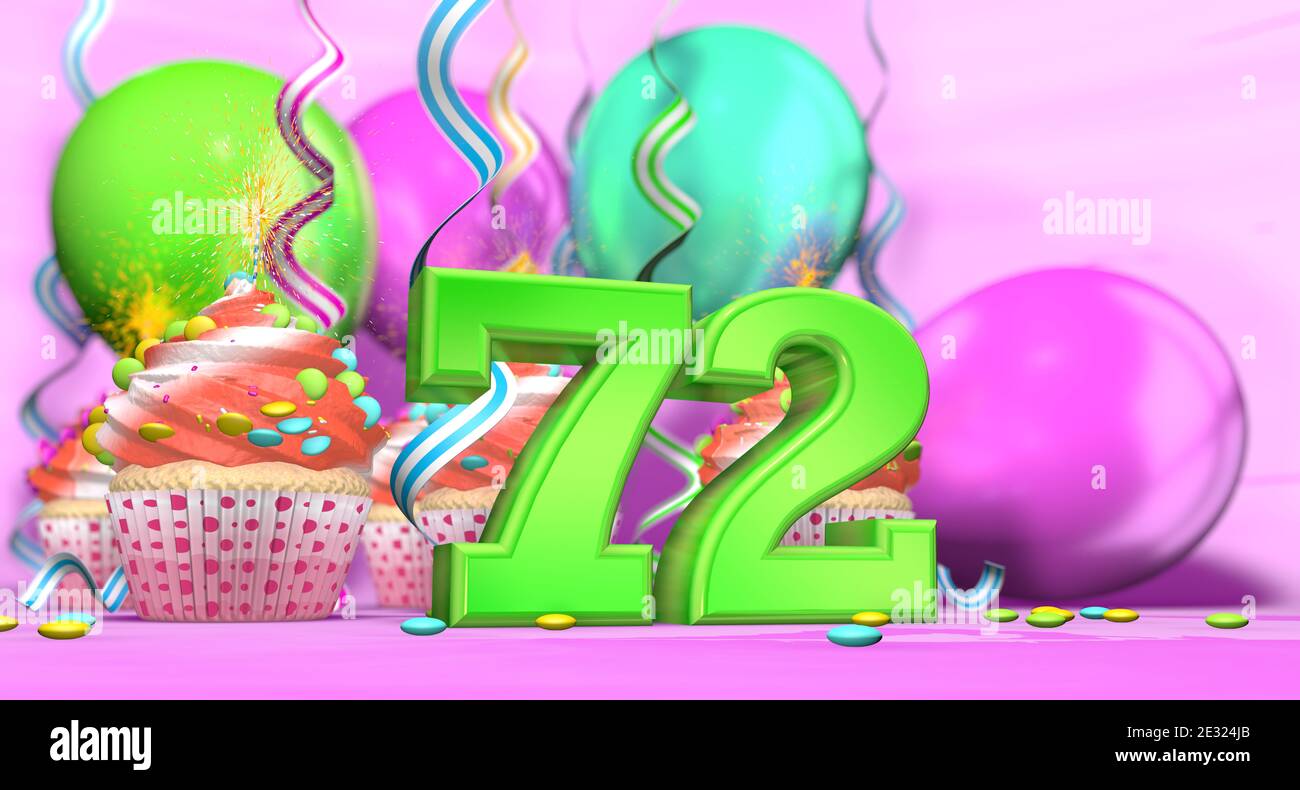Birthday cupcake with sparking candle with the number 72 large in green ...