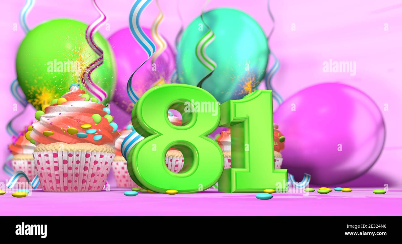 Birthday cupcake with sparking candle with the number 81 large in green ...