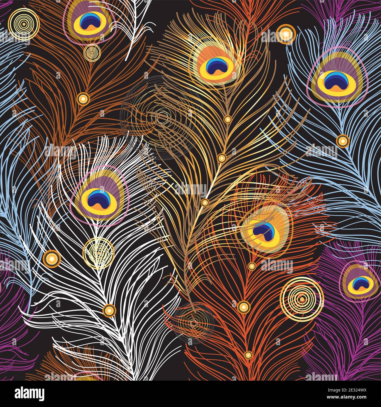 Seamless bright pattern of different golden peacock feathers on a dark background. Example of a ...
