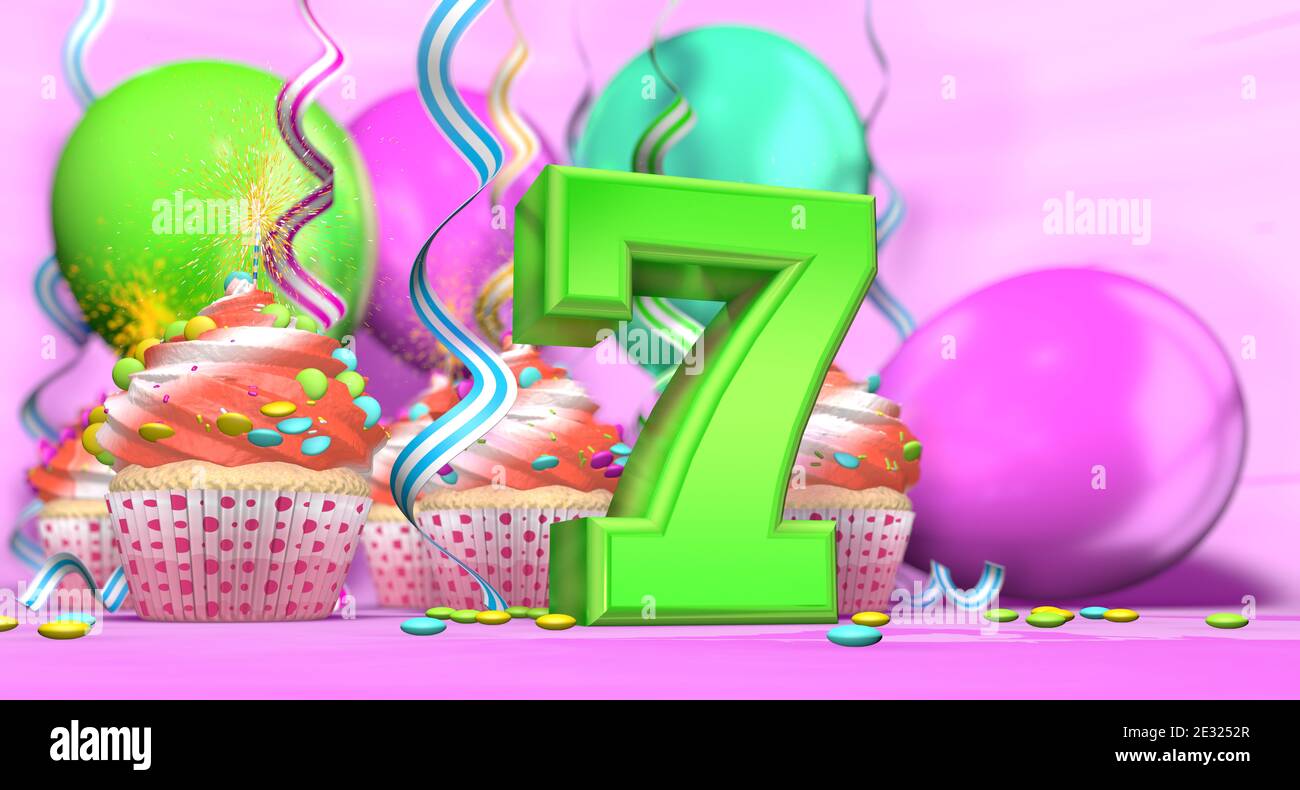 Birthday cupcake with sparking candle with the number 7 large in green ...
