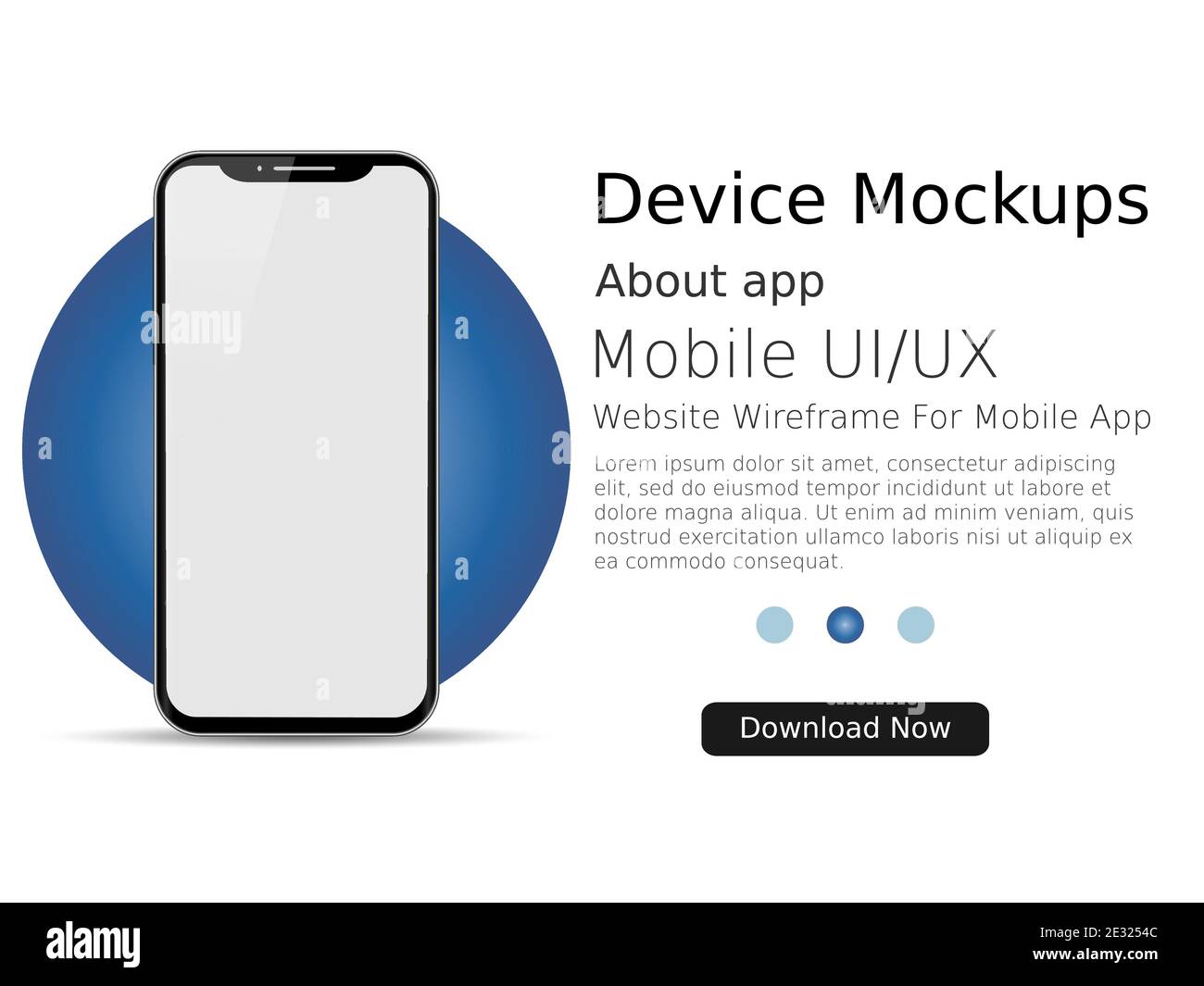 Smartphone blank screen, phone mockup with blue circle. Device model ...