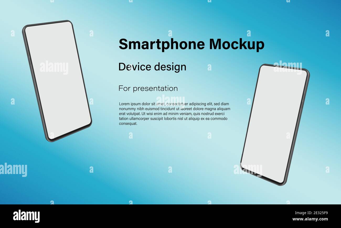 Smartphone mockup in rotated position on blue background. Two phone with blank screen in ...