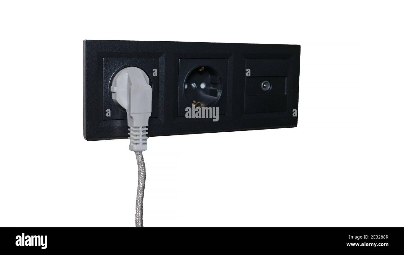 Electrical outlet isolated on white background, black outlet with plug ...