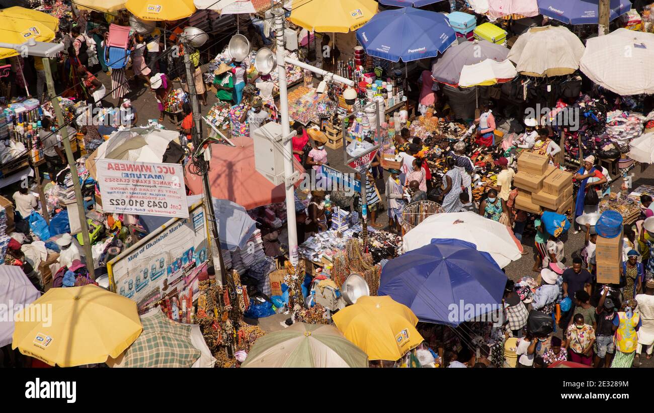 Makola crowded street market overhead Ghana Africa. Historical busy ...