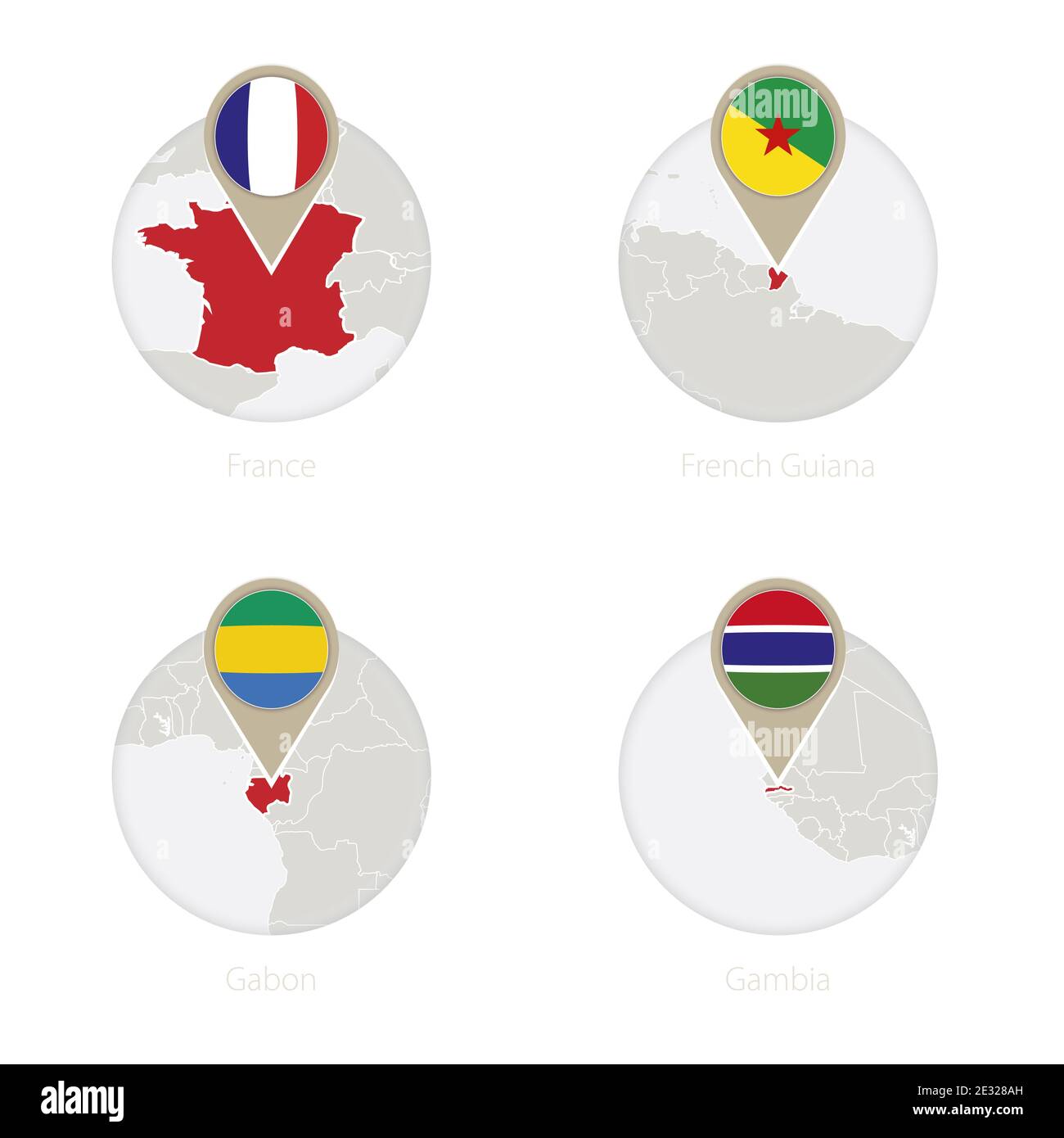 France, French Guiana, Gabon, Gambia map and flag in circle. Vector ...