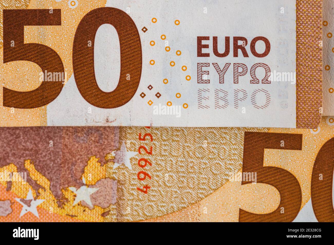 World money concept, macro detailed on a 50 Euro banknote, macro photo ...