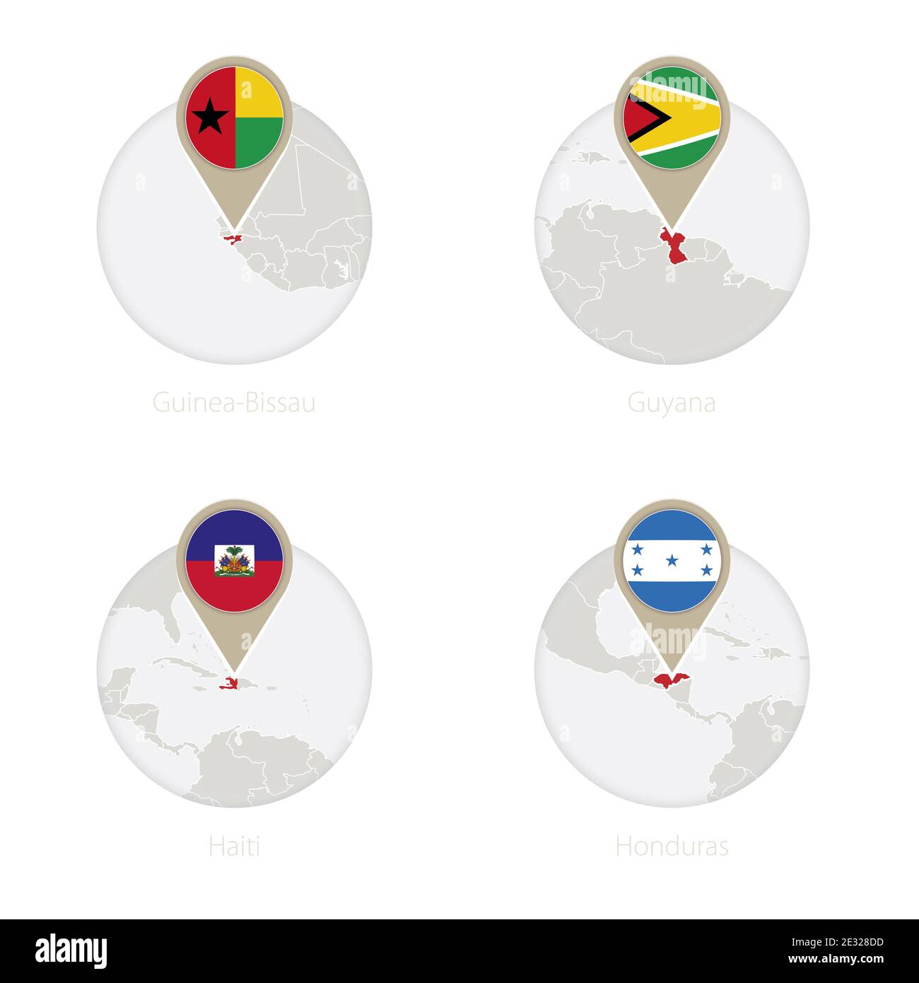 Guinea-Bissau, Guyana, Haiti, Honduras map and flag in circle. Vector ...