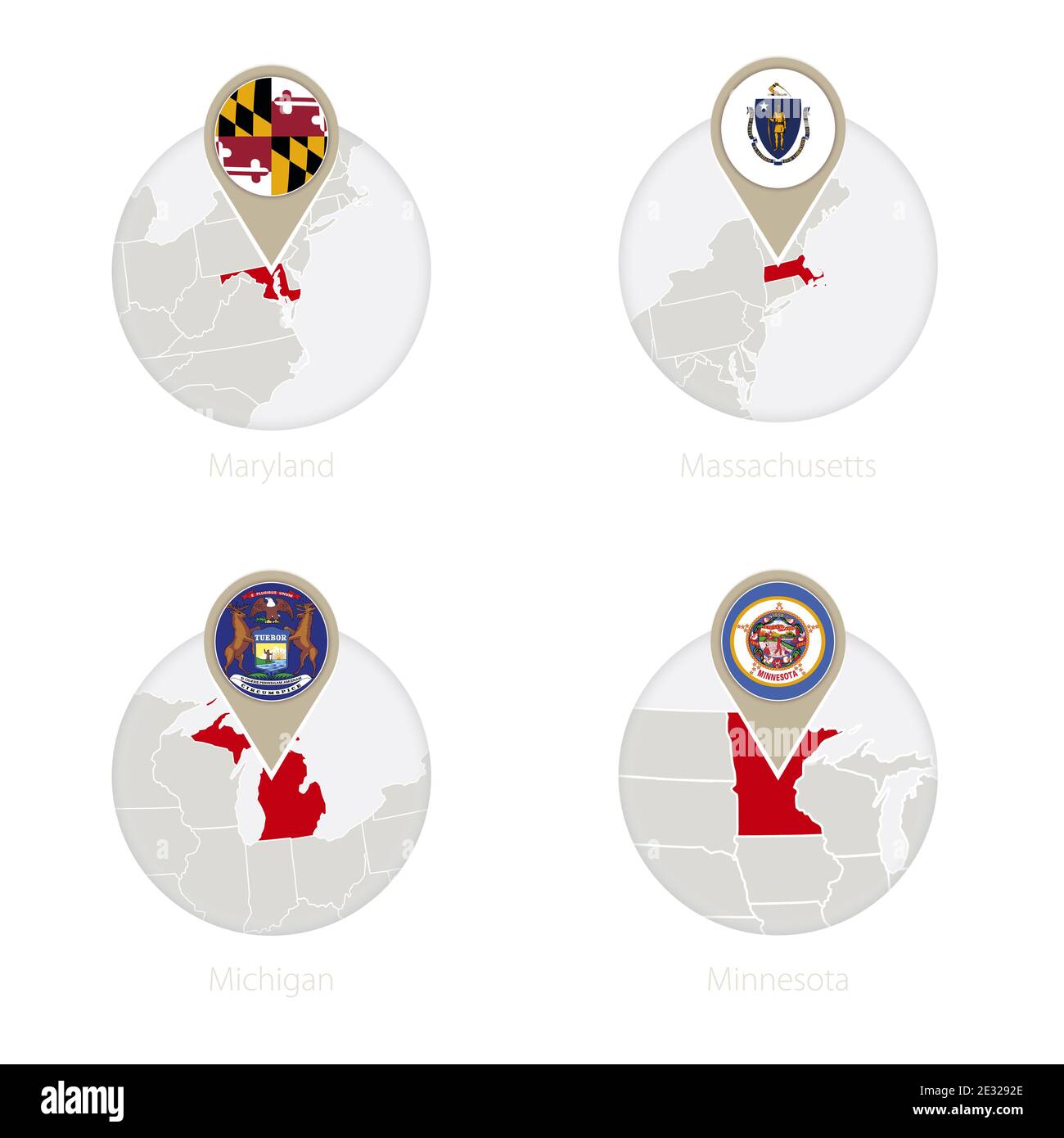 US States Maryland, Massachusetts, Michigan, Minnesota map and flag in ...