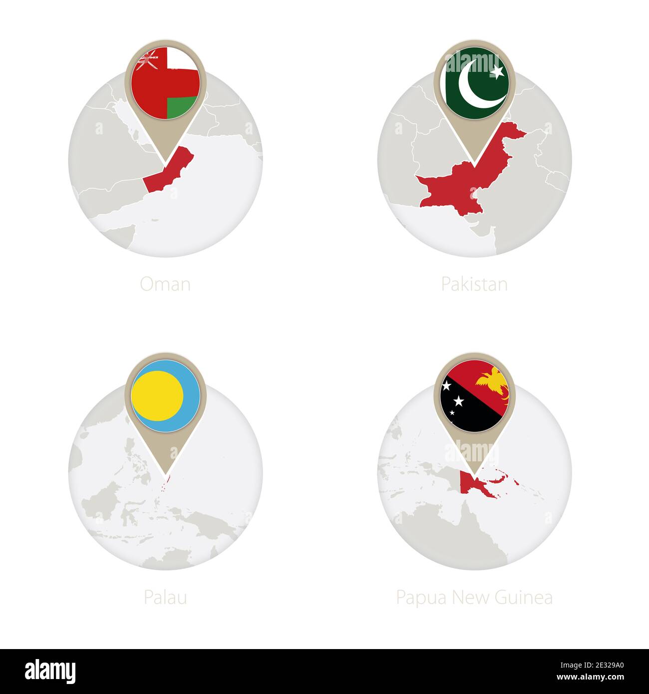 Oman, Pakistan, Palau, Papua New Guinea map and flag in circle. Vector ...