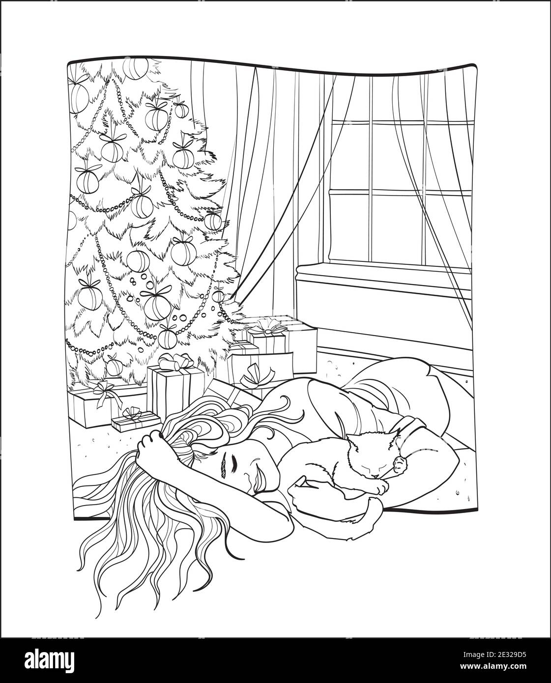 Cartoon style. Cute woman under Christmas tree. Single design element ...