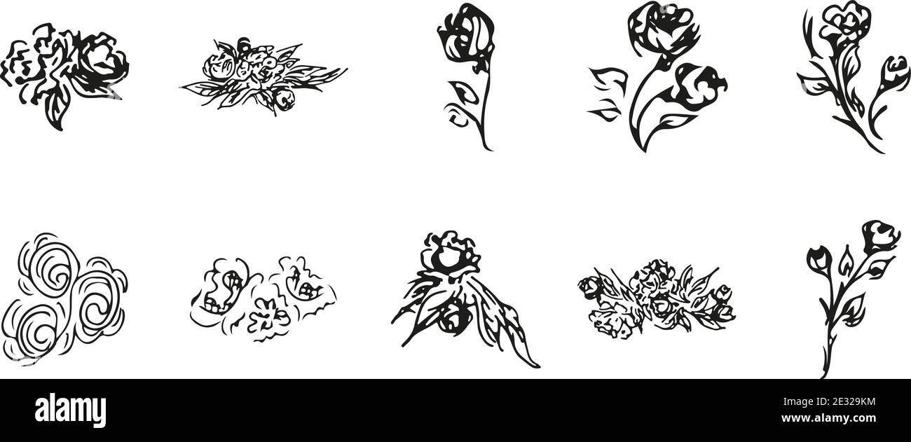 Doodle simple vector collection of 10 hand-drawn roses. Big collection ...