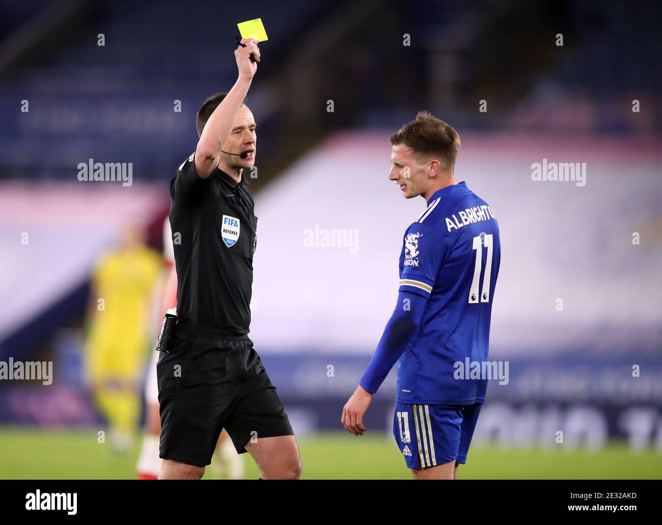 Leicester City's Marc Albrighton is shown a yellow card by referee ...
