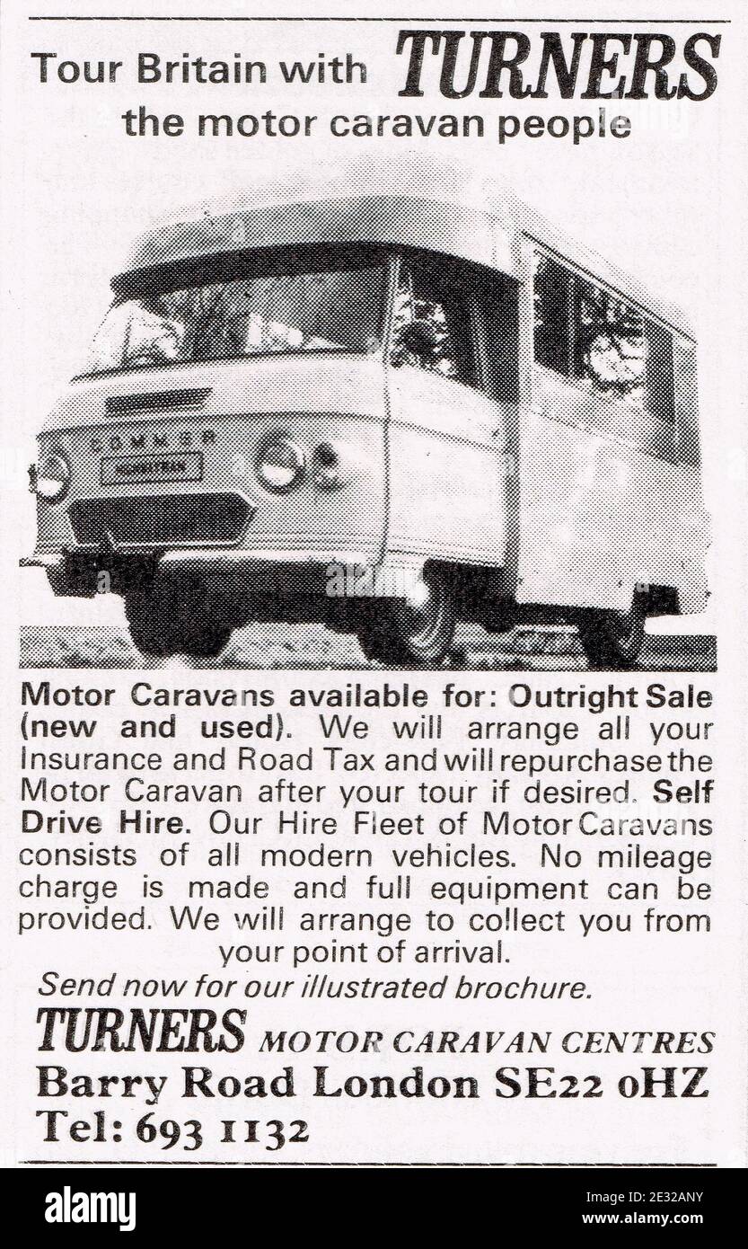 Camping cars for rent, Advertisement, In Britain Magazine, 1974 Stock ...