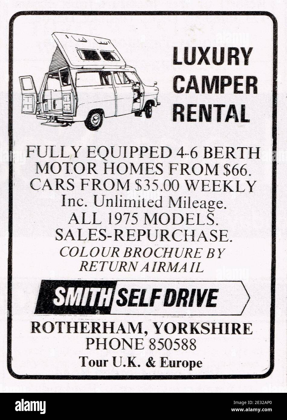Camping cars for rent, Advertisement, In Britain Magazine, 1974 Stock ...