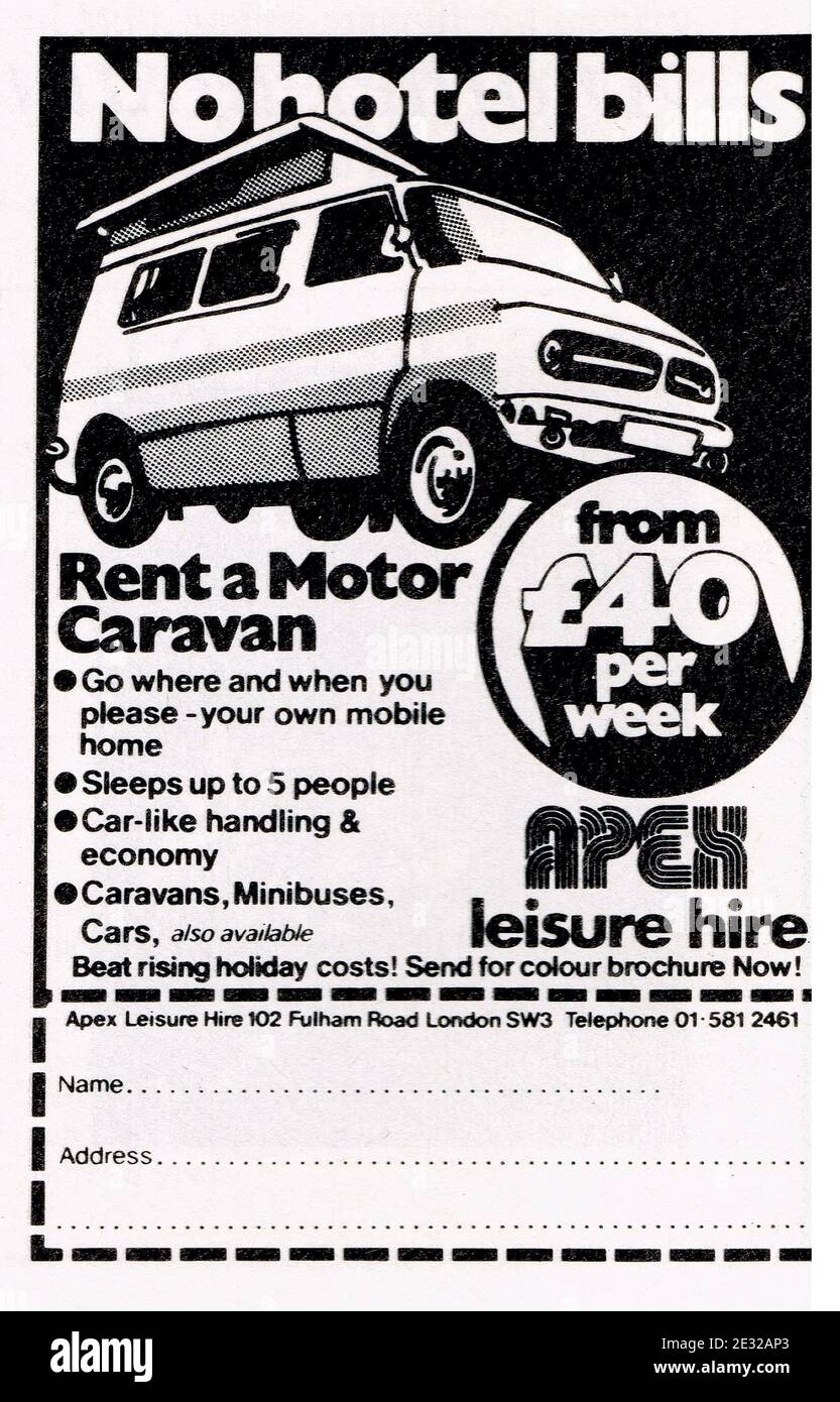 Camping cars for rent, Advertisement, In Britain Magazine, 1974 Stock ...