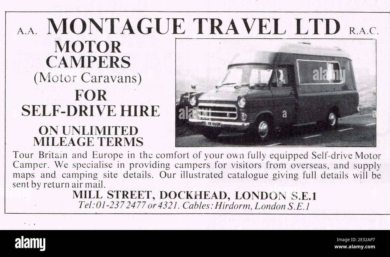 Camping cars for rent, Advertisement, In Britain Magazine, 1974 Stock ...