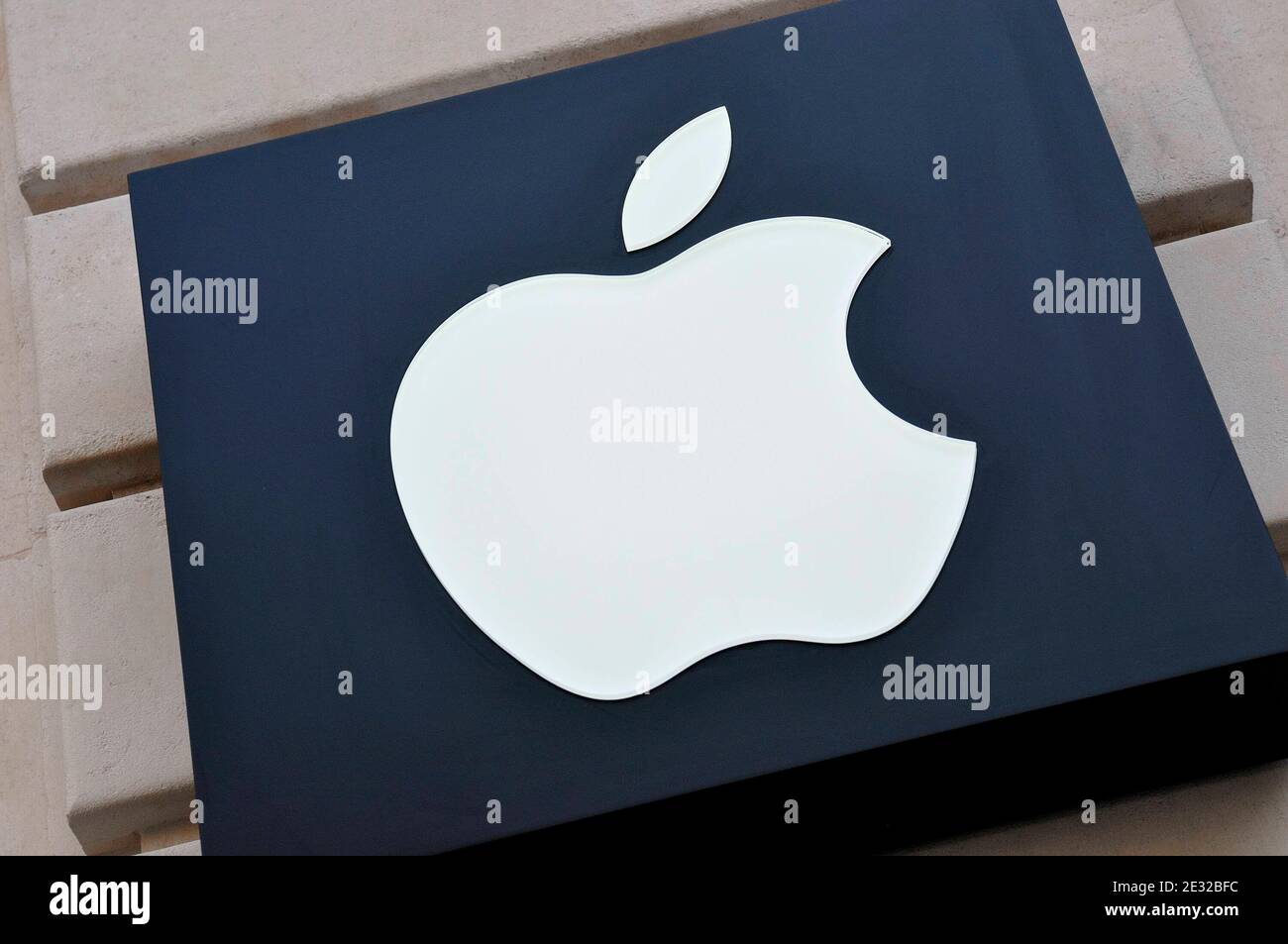 Close-up of the Apple logo on the facade of the new Apple store, near ...