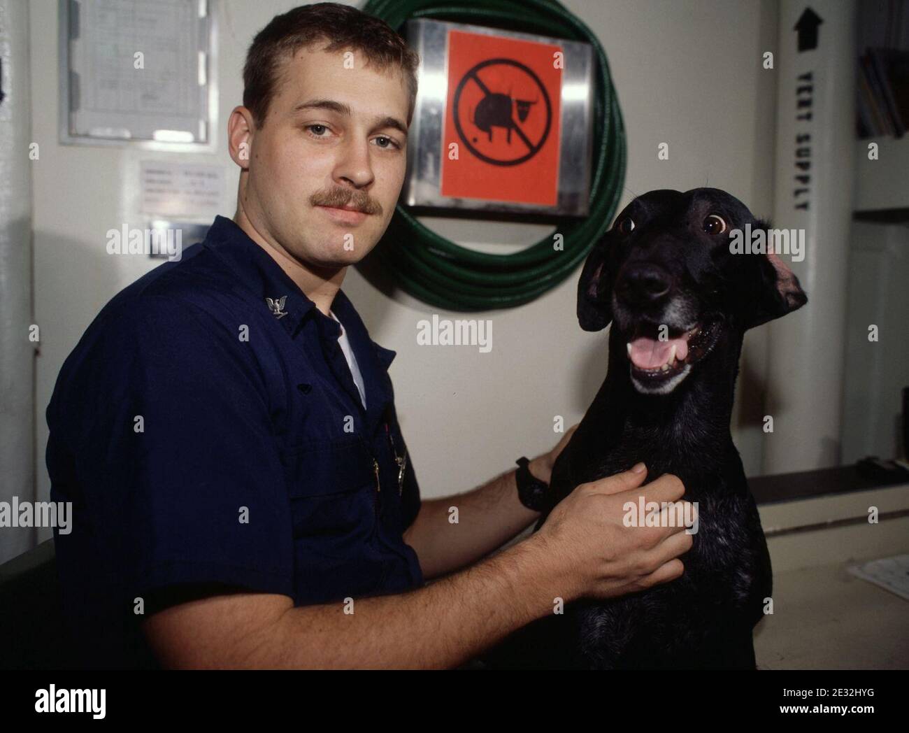 MAC, a US Navy narcotics detection dog, sits with his handler aboard ...