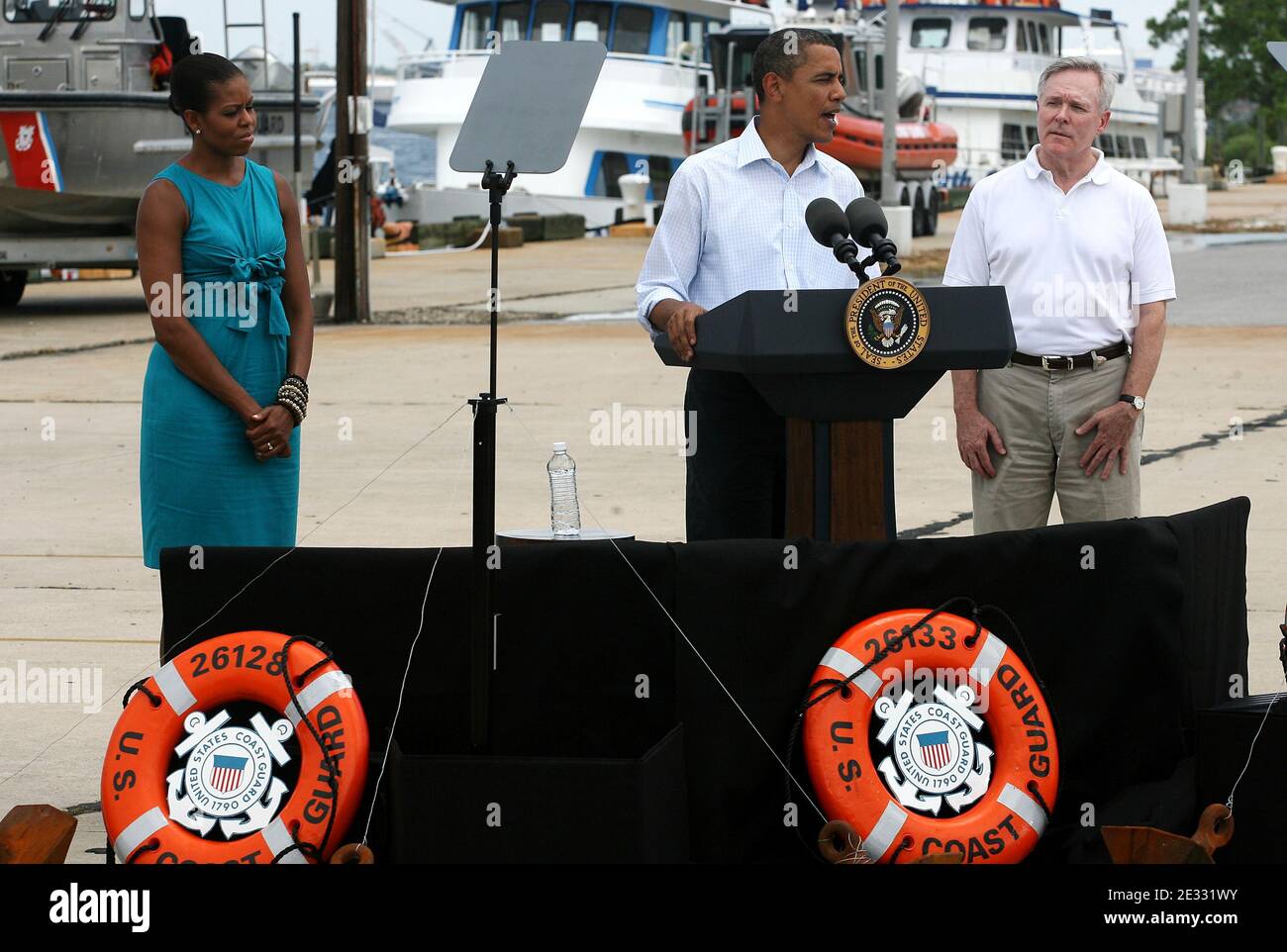 United States President Barack Obama speaks at a Coast Guard base with ...