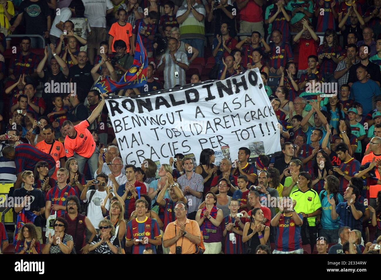 Barcelona's Fans with a banner dedicated to Ronaldinho during the 45th ...