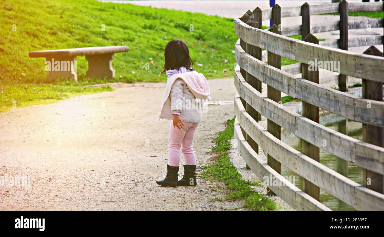 back view of a cute asian kid playing at the park, watching a light ...