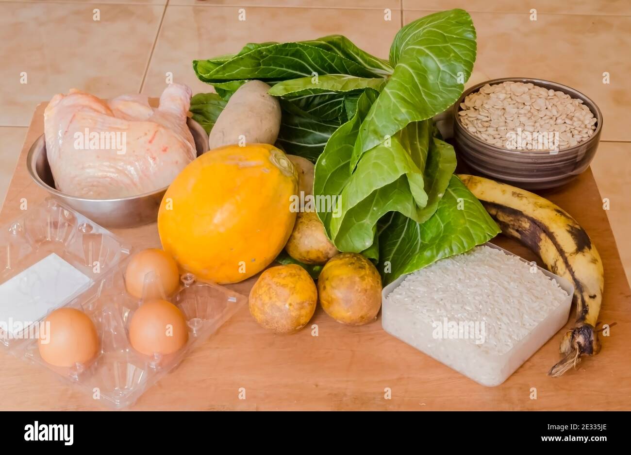 Chicken meat, papaya, june plum white potatoes, eggs, pak choi, white ...