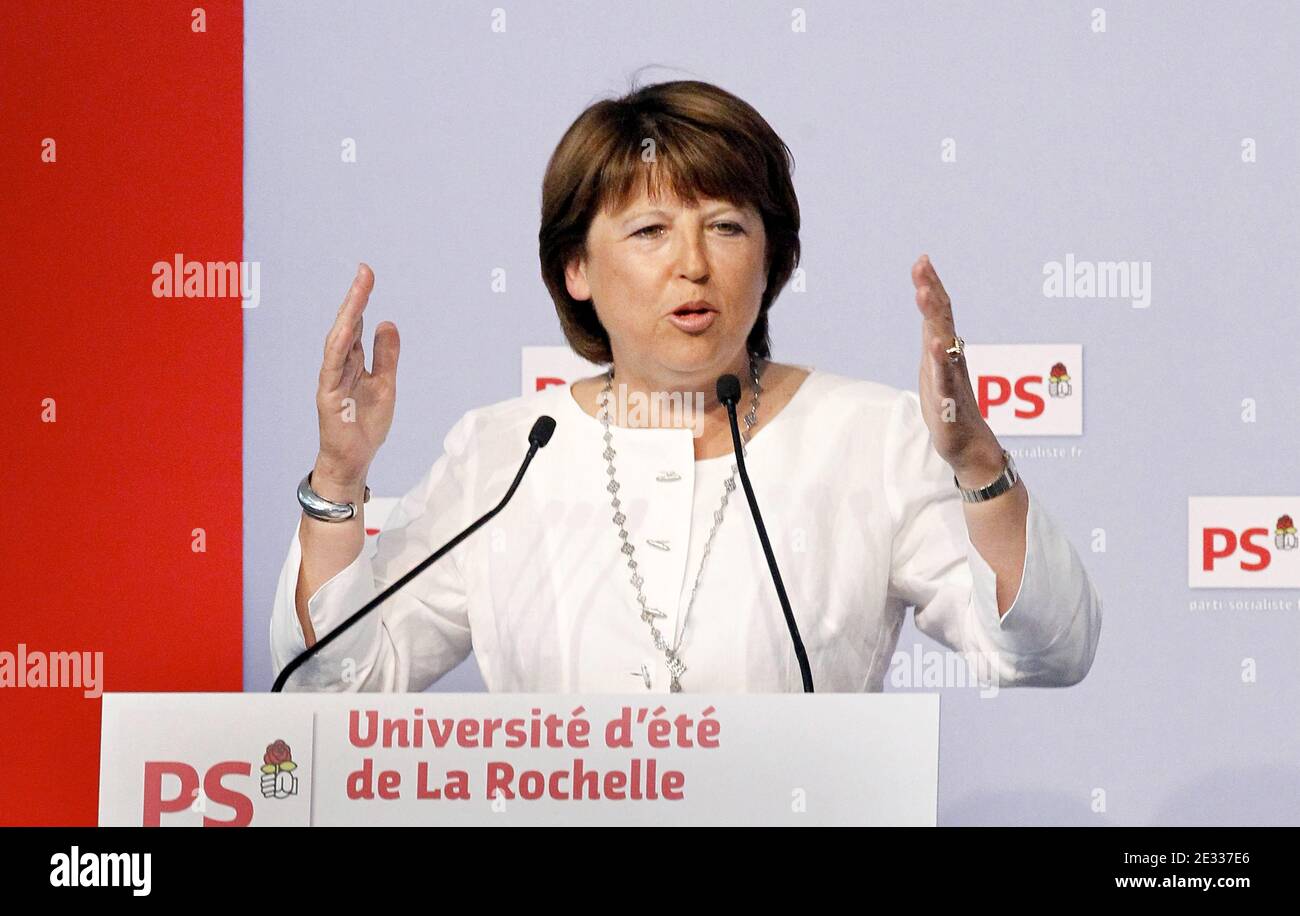 French Socialist Party first secretary Martine Aubry delivers a speech ...