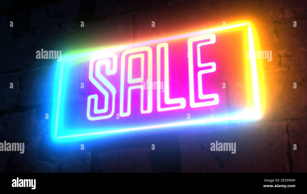Neon sale sign on perspective brick wall background Stock Photo - Alamy