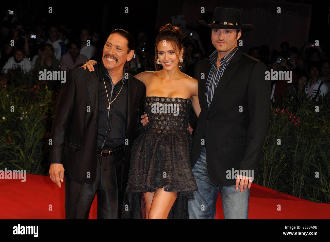 (L-R) Danny Trejo, Jessica Alba and Robert Rodriguez arriving for the ...