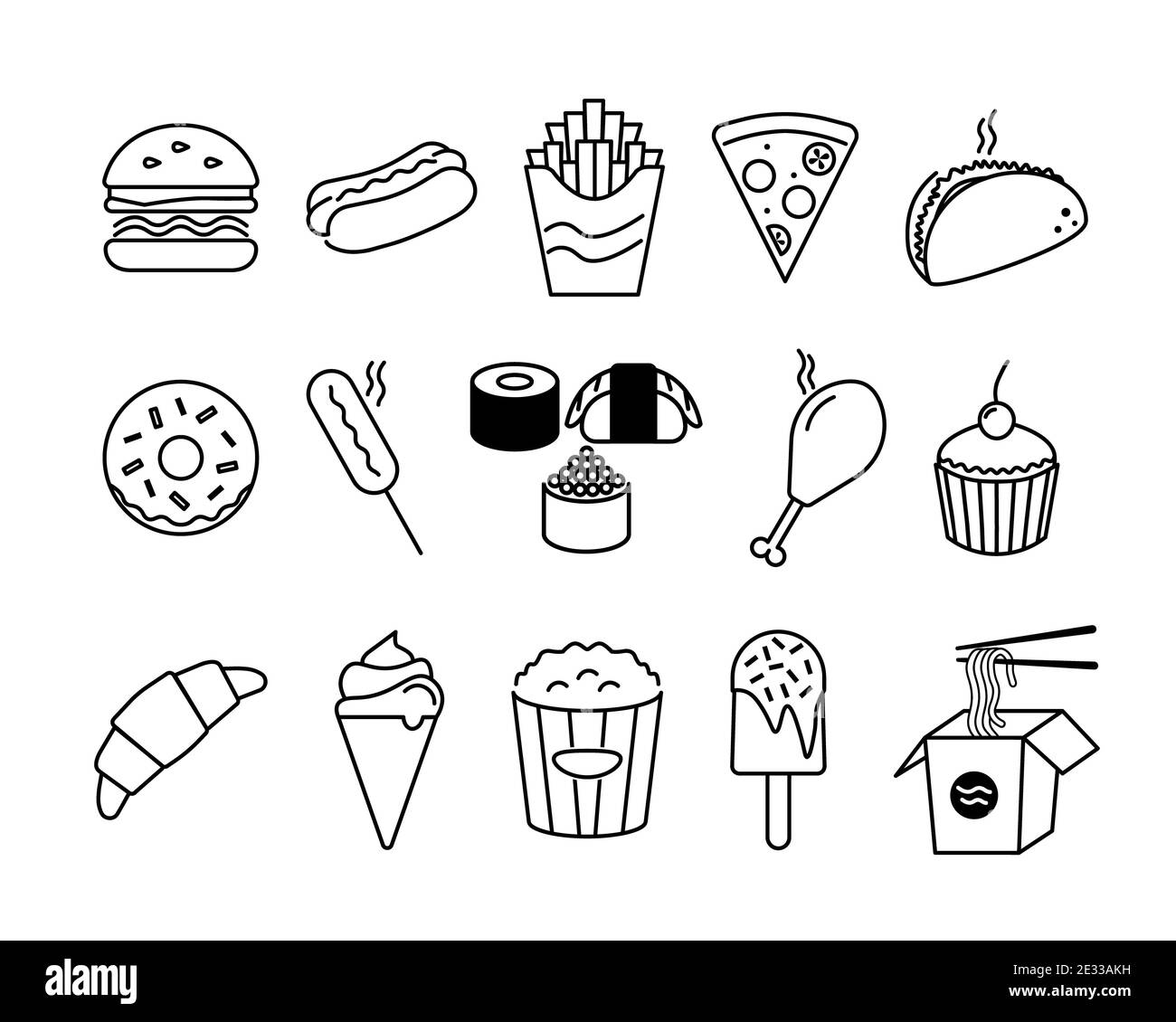 Fast food icon set. Pictograms for web. Line stroke. Isolated on white ...