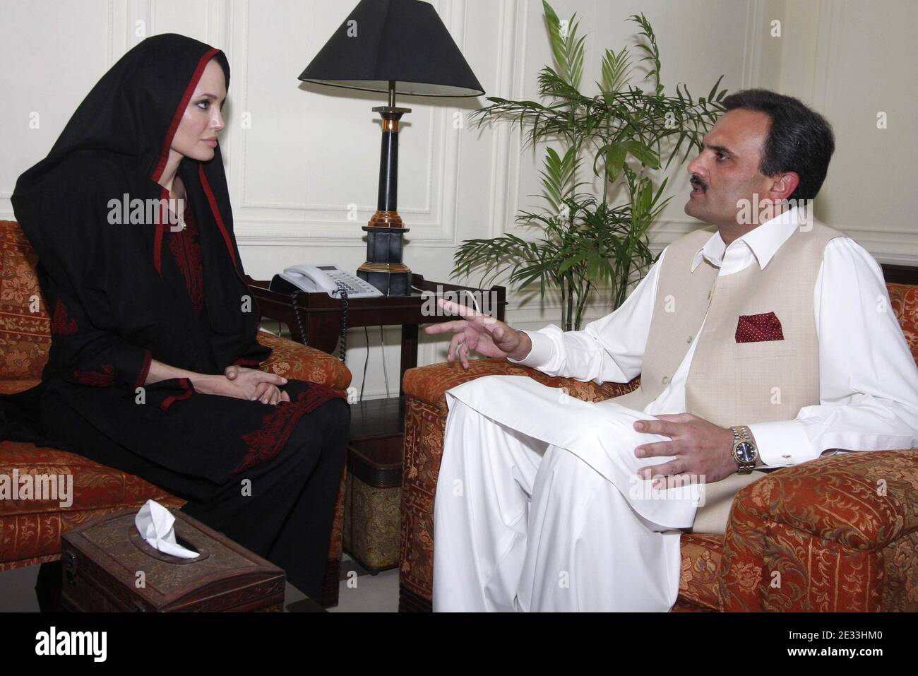 UNHCR Goodwill Ambassador Angelina Jolie meets with Amir Haider Hoti (R ...