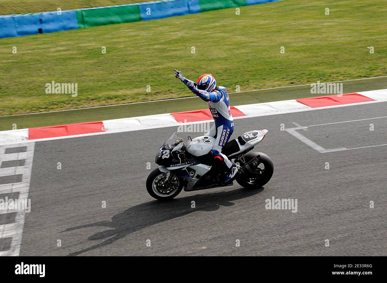 French Freddy Foray (SERT) on his Suzuki N.2 celebrates as he crosses ...