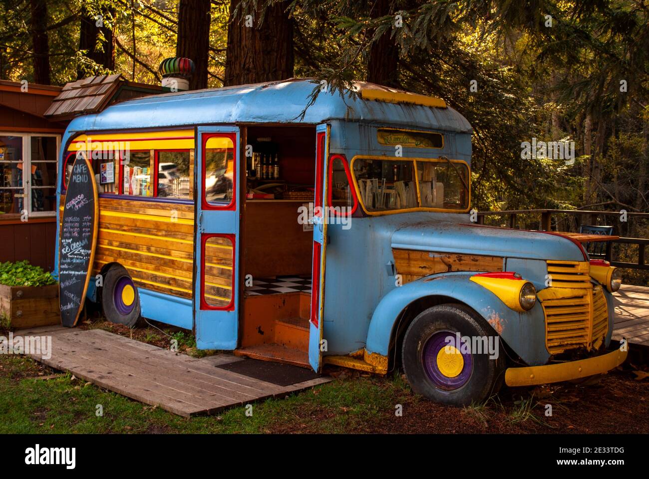 Vividly colored old school bus converted into coffee shop in Big Sur ...