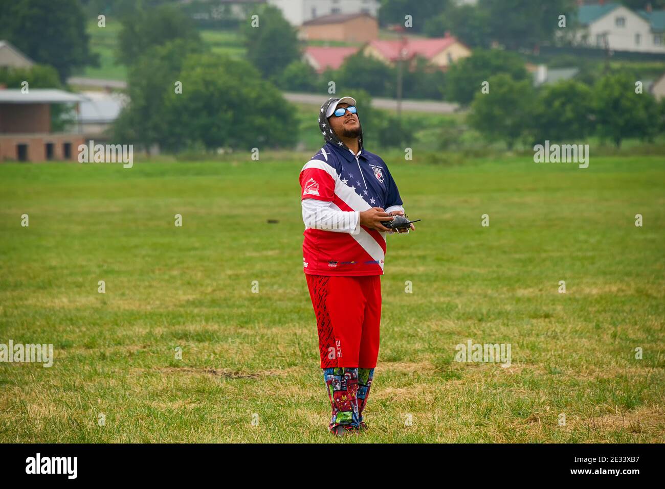 Lviv, Ukraine - July 23, 2017: Unknown aircraft modeler launches his ...