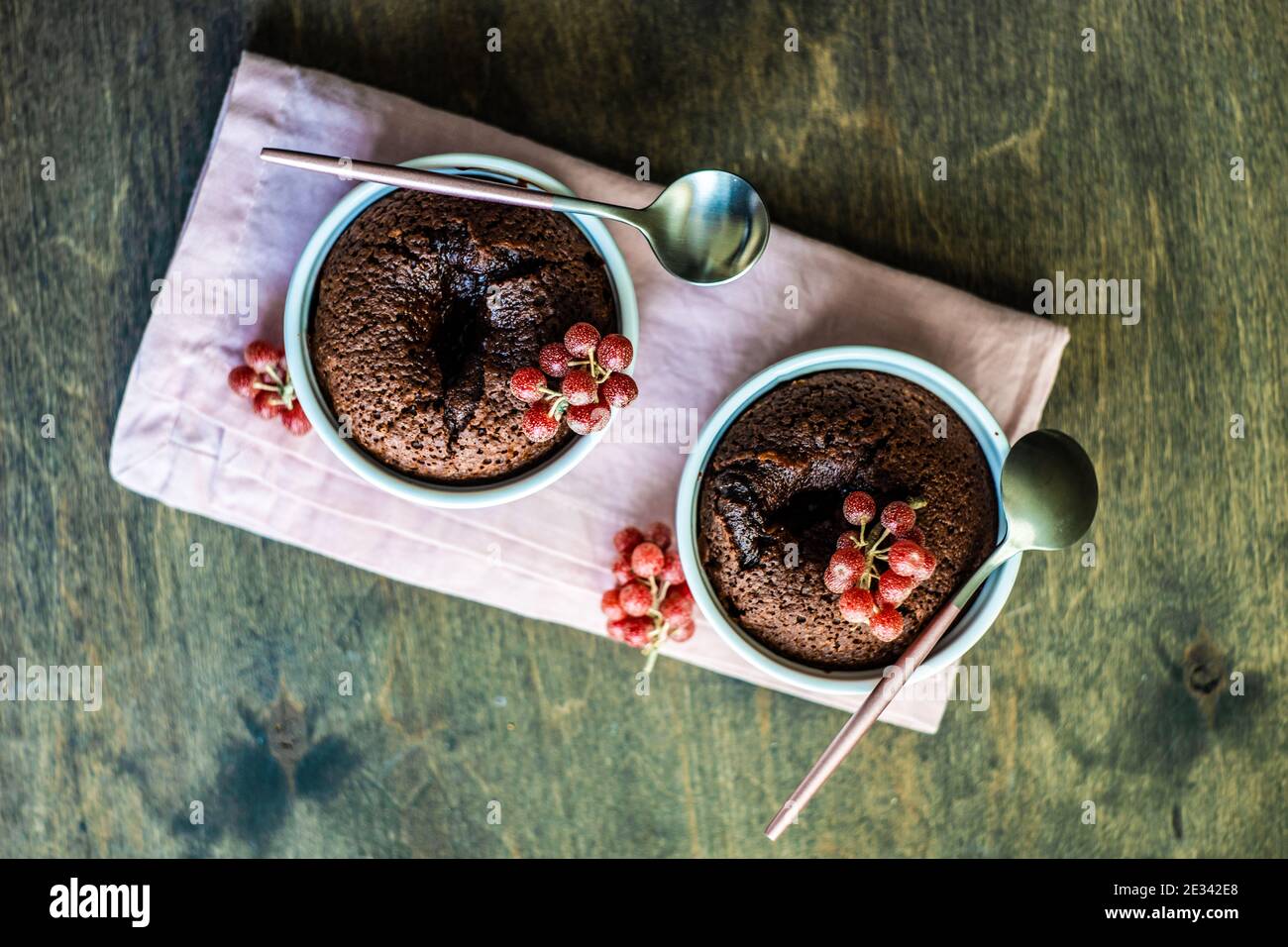 Fresh bakes chocolate fondant cake with red Shepherdia argentea berries ...
