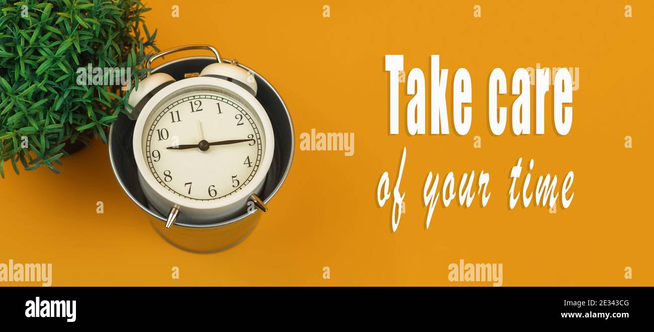Take care of your time concept, banner with alarm clock and inscription ...