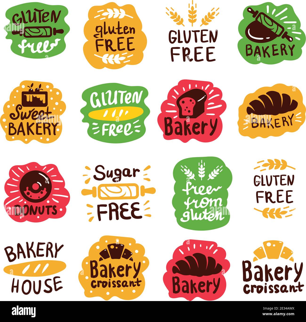 Bread and bakery products logos, gluten free, sugar free icons with ...