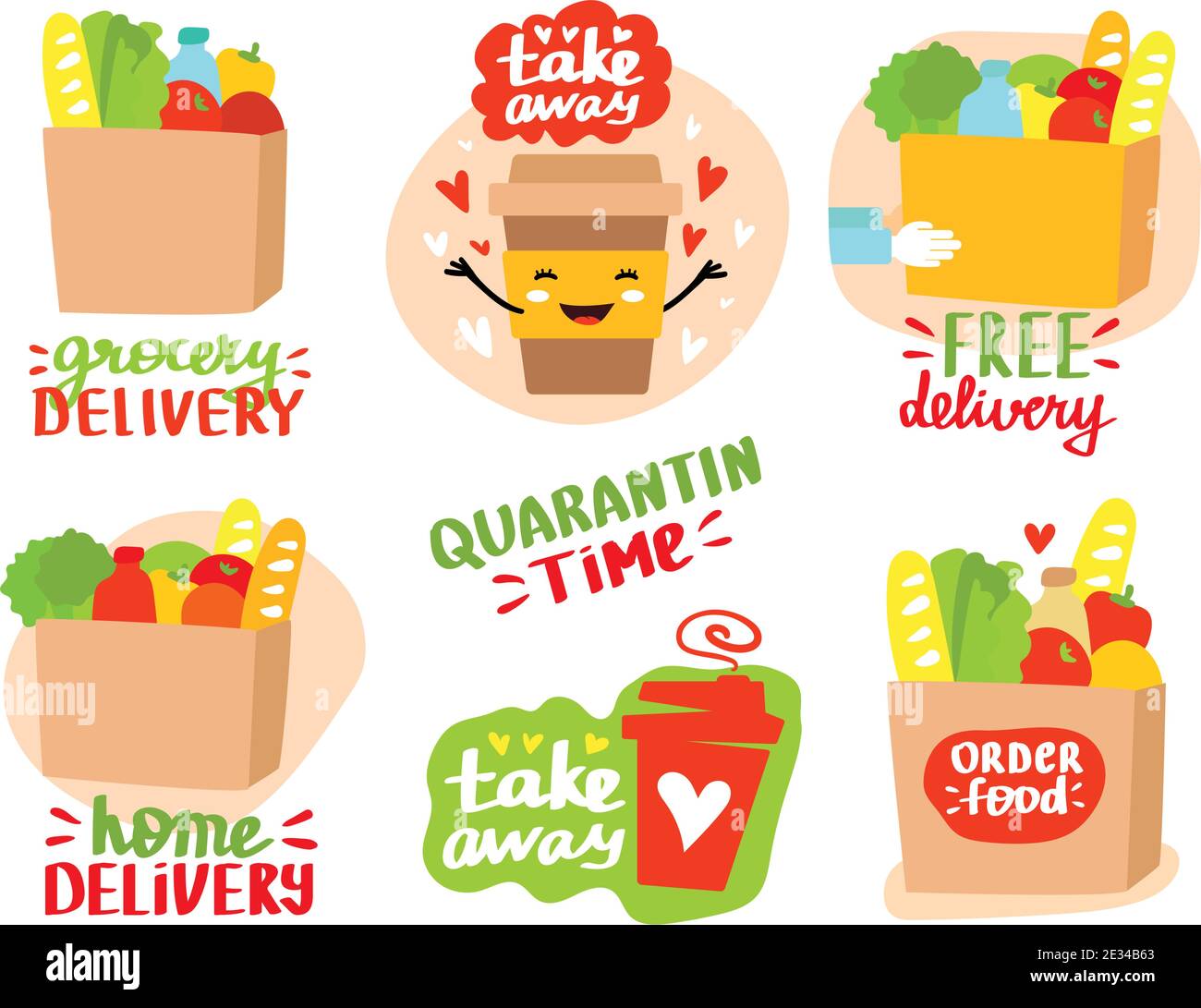 Paper bag with foods. Grocery delivery concept set. Flat cartoon style ...