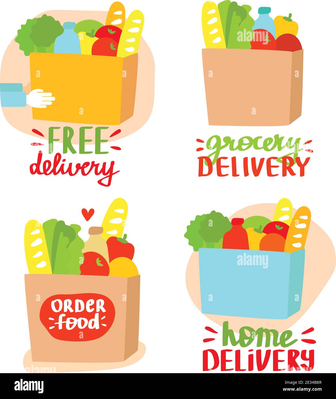 Paper bag with foods. Grocery delivery concept set. Flat cartoon style ...
