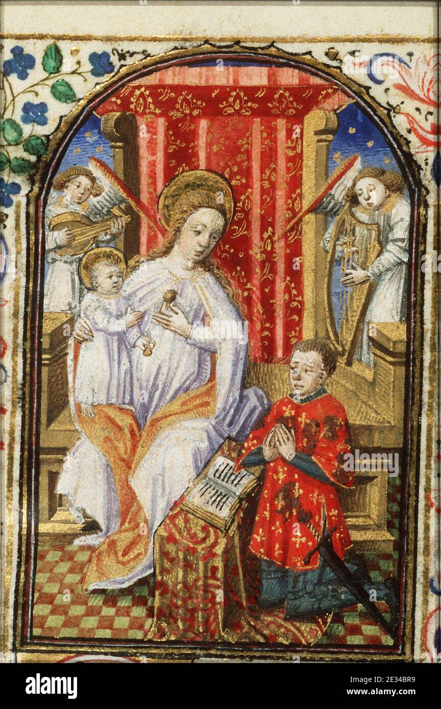 Madonna - Mary enthroned, holding the Christ-child, with Simon de Varie ...