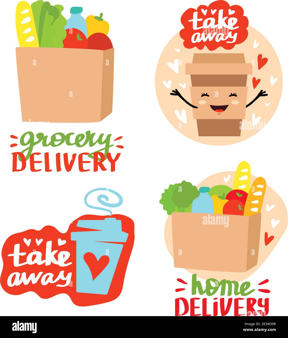 Paper bag with foods. Grocery delivery concept set. Flat cartoon style ...