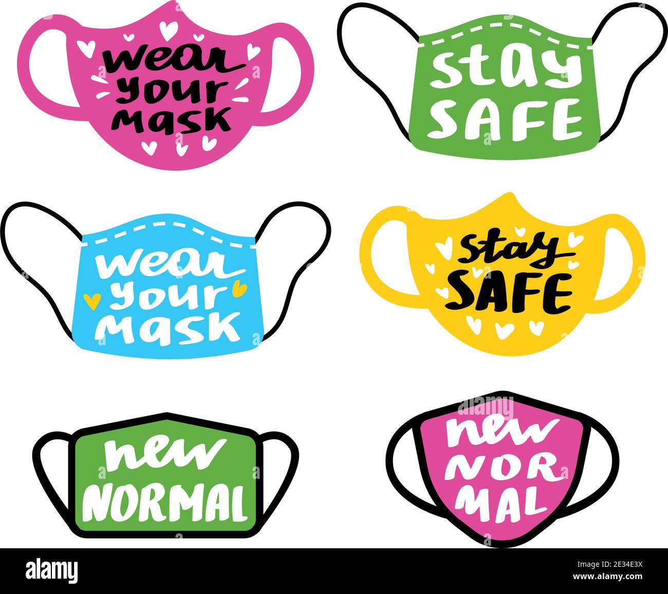 Medical face mask icons set. With handwritten text - new normal, stay ...