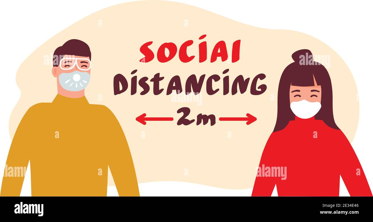 Social distancing concept man and woman people keep distance 2 meters ...