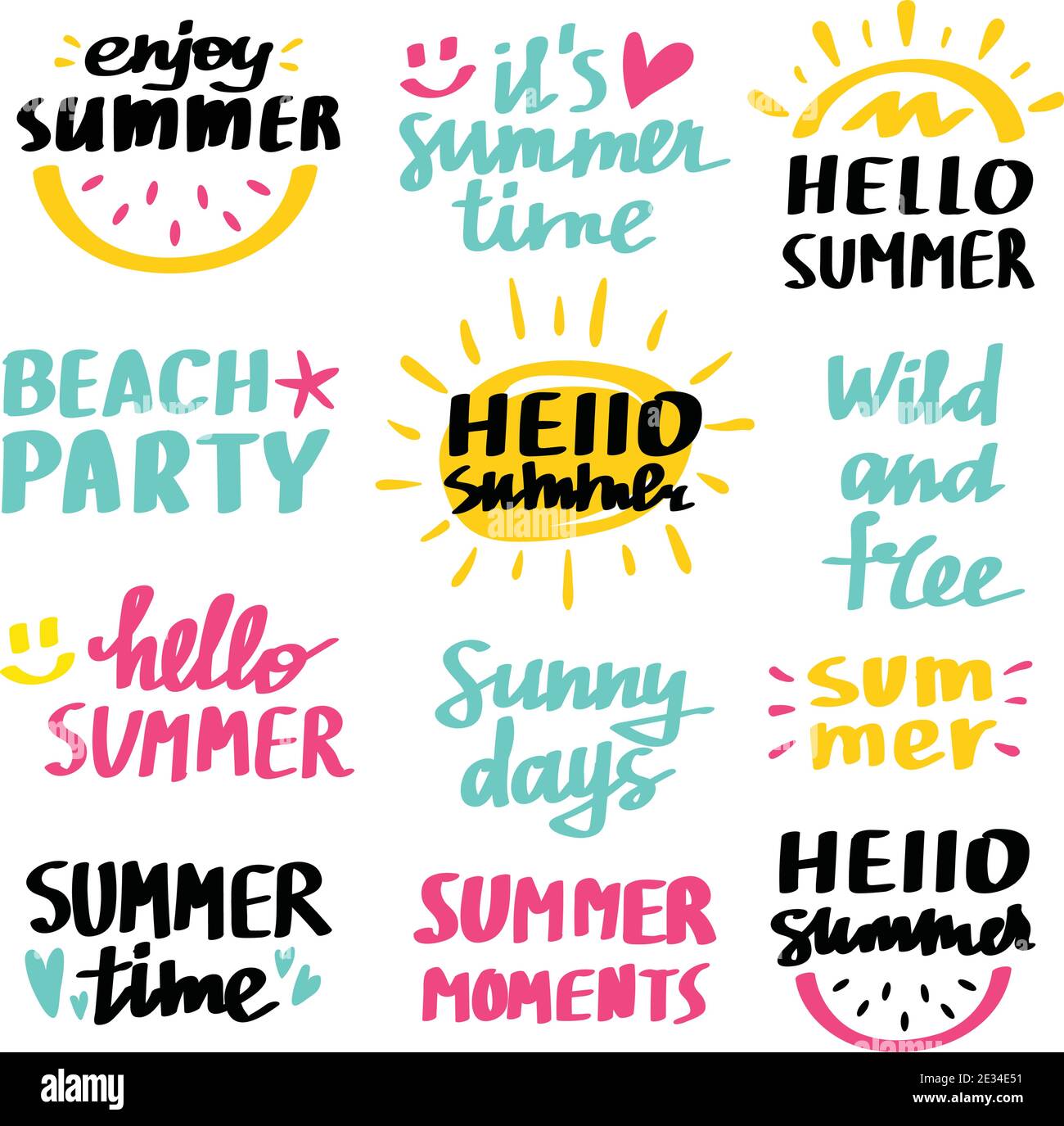 Hello Summer vector lettering set. Fun quote hipster design logo or ...