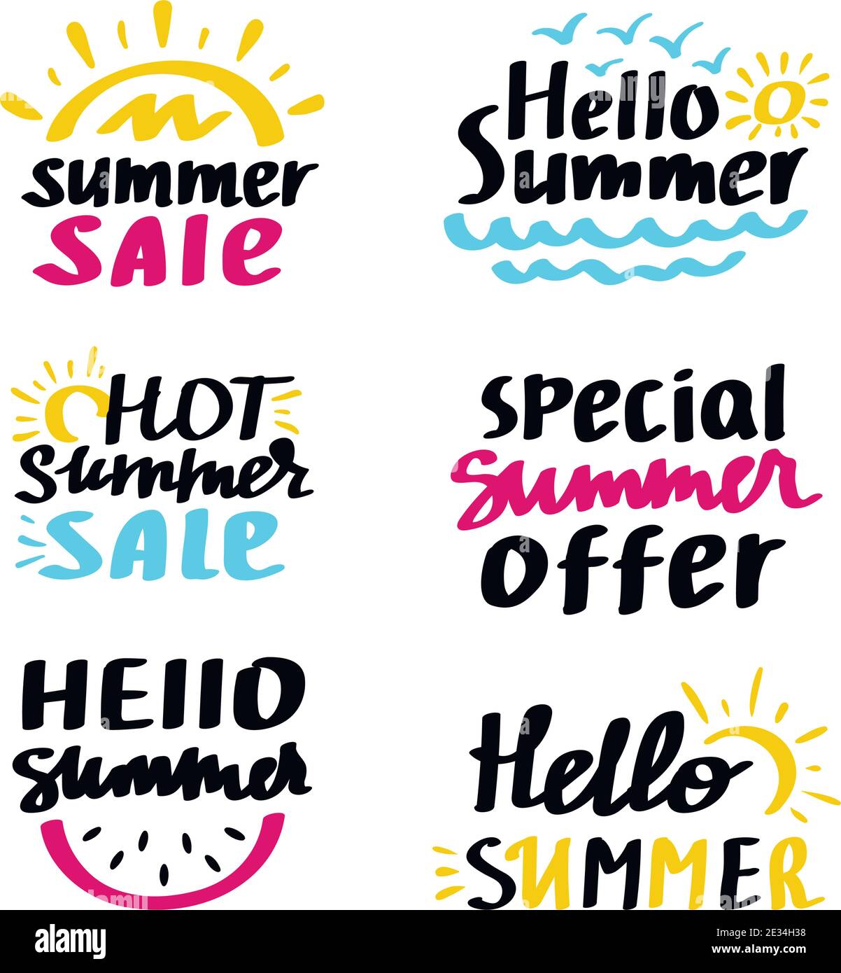 Hello Summer vector lettering set. Fun quote hipster design logo or ...