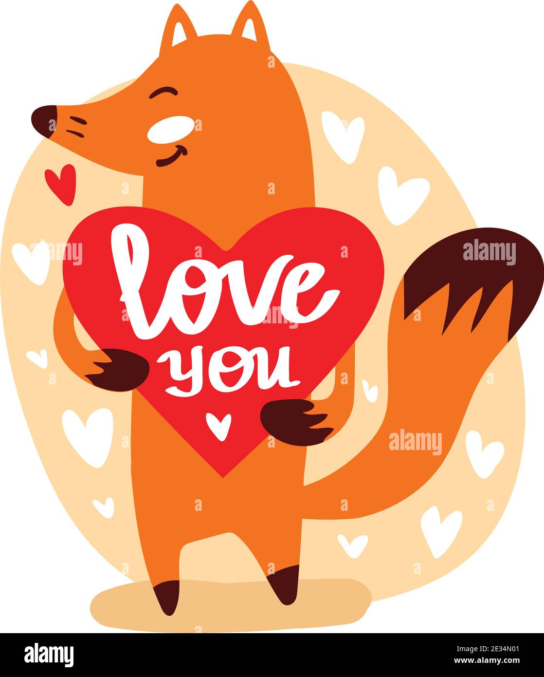 Cute red fox stands and holds heart with text love you. Vector flat ...