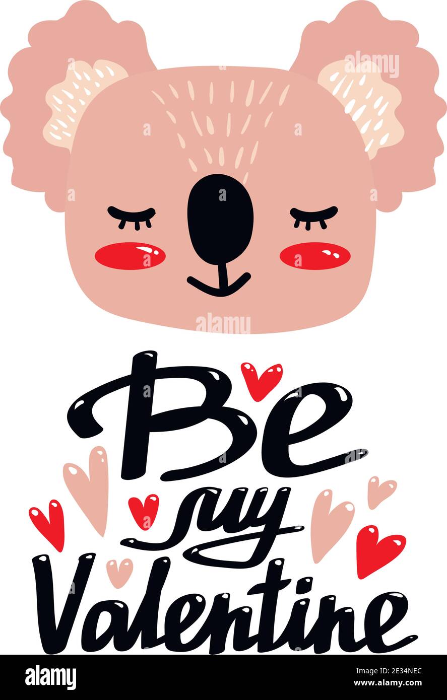Cute Koala Head with text -Be my Valentine. Doodle Cartoon Kawaii Koala ...