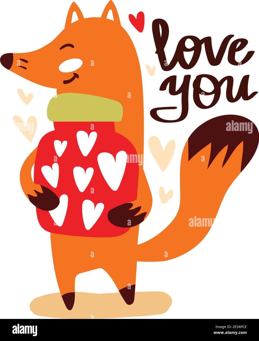 Cute red fox stands and holds jar of hearts with text love you. Vector ...