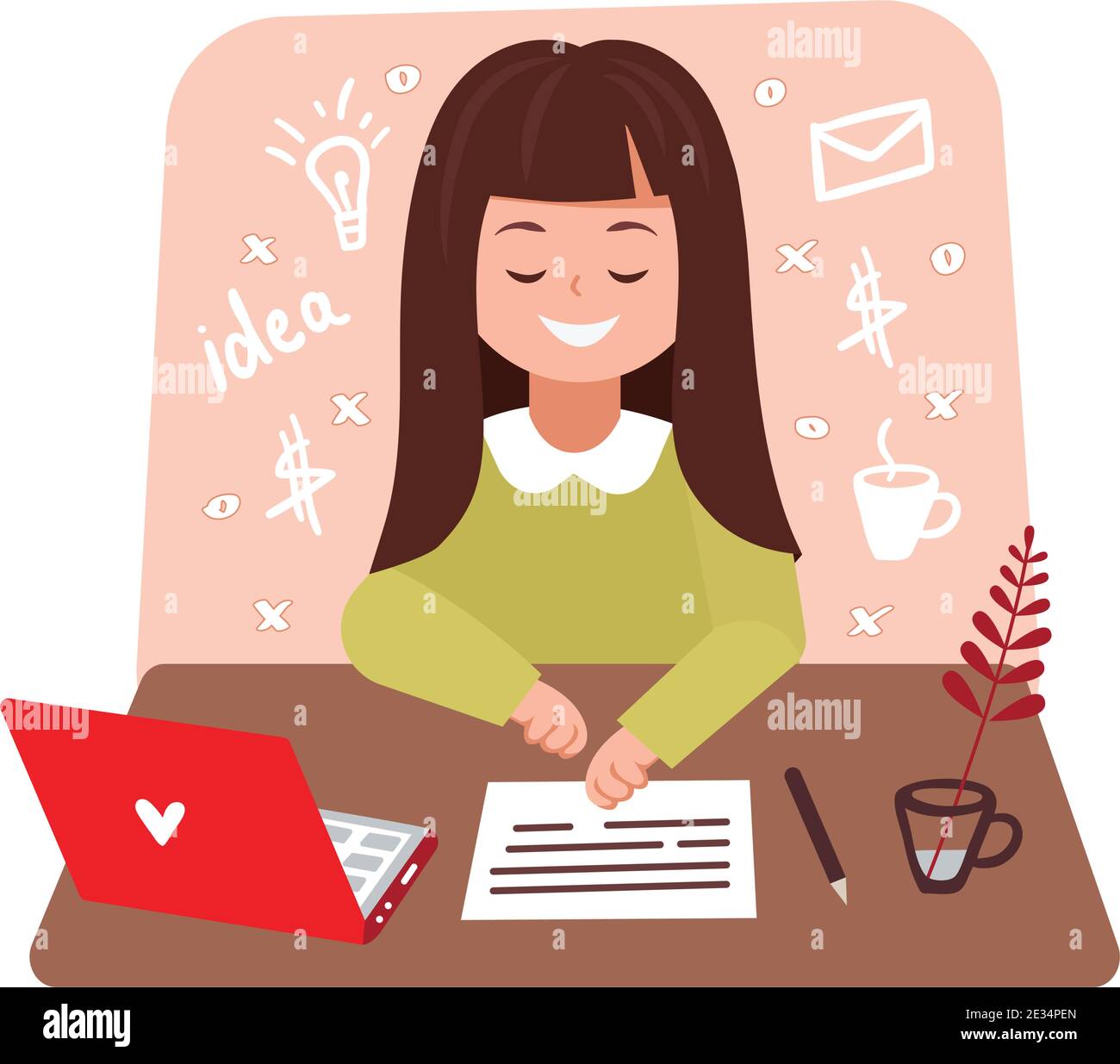 Cute girl works at a laptop. Vector concept for workplace, freelance ...
